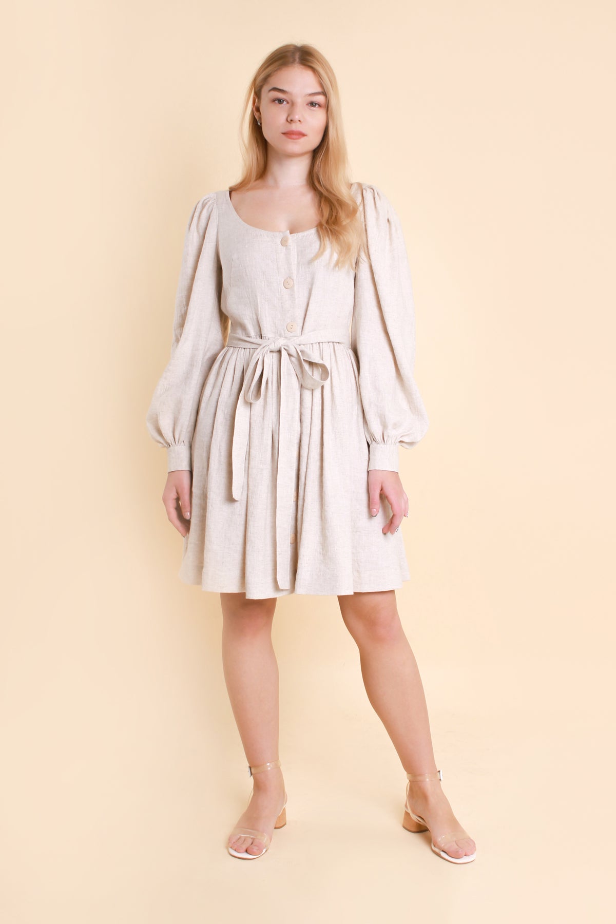 Long Puff Sleeves Linen Dress Taya Tadorestore